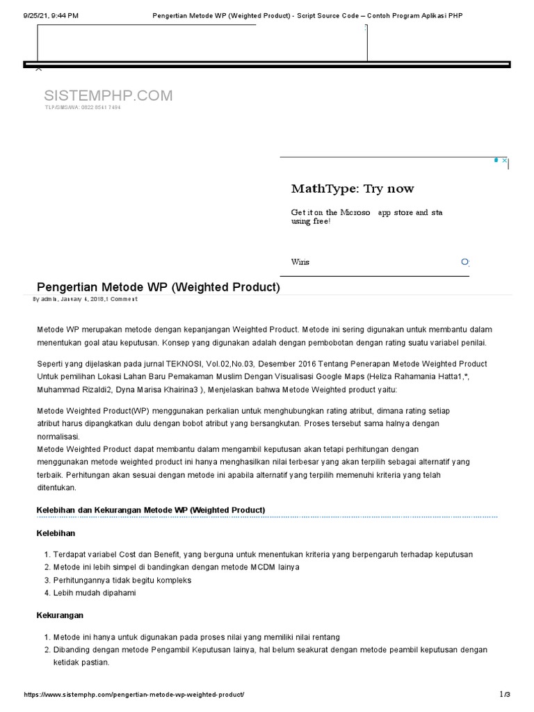Pengertian Metode WP (Weighted Product) - Script Source Code - Contoh Program Aplikasi PHP | PDF