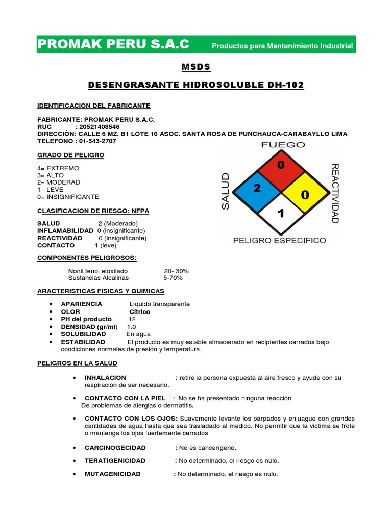 Hoja de Seguridad Desengrasante DH-102 | PDF | Sustancias químicas ...