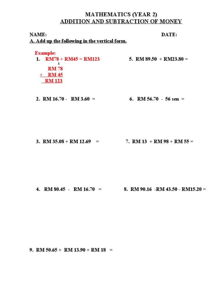 Exercises Math Year 2 - Addition and Subtraction of Money | PDF