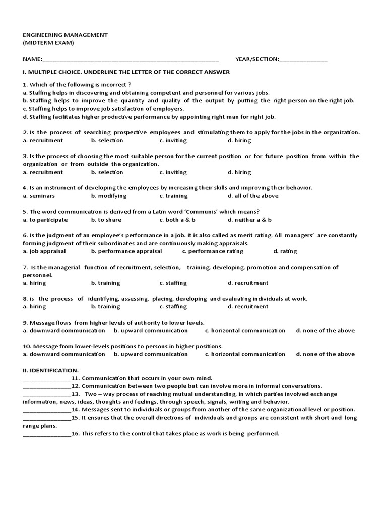 Engineering Management Midterm Exam | Download Free PDF | Communication ...