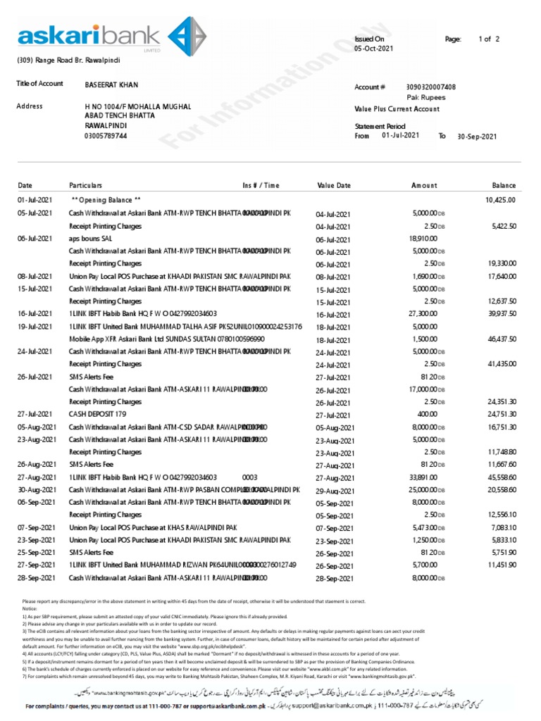 Rawalpindi Bank Statement July-Sep 2021 | PDF | Banks | Credit