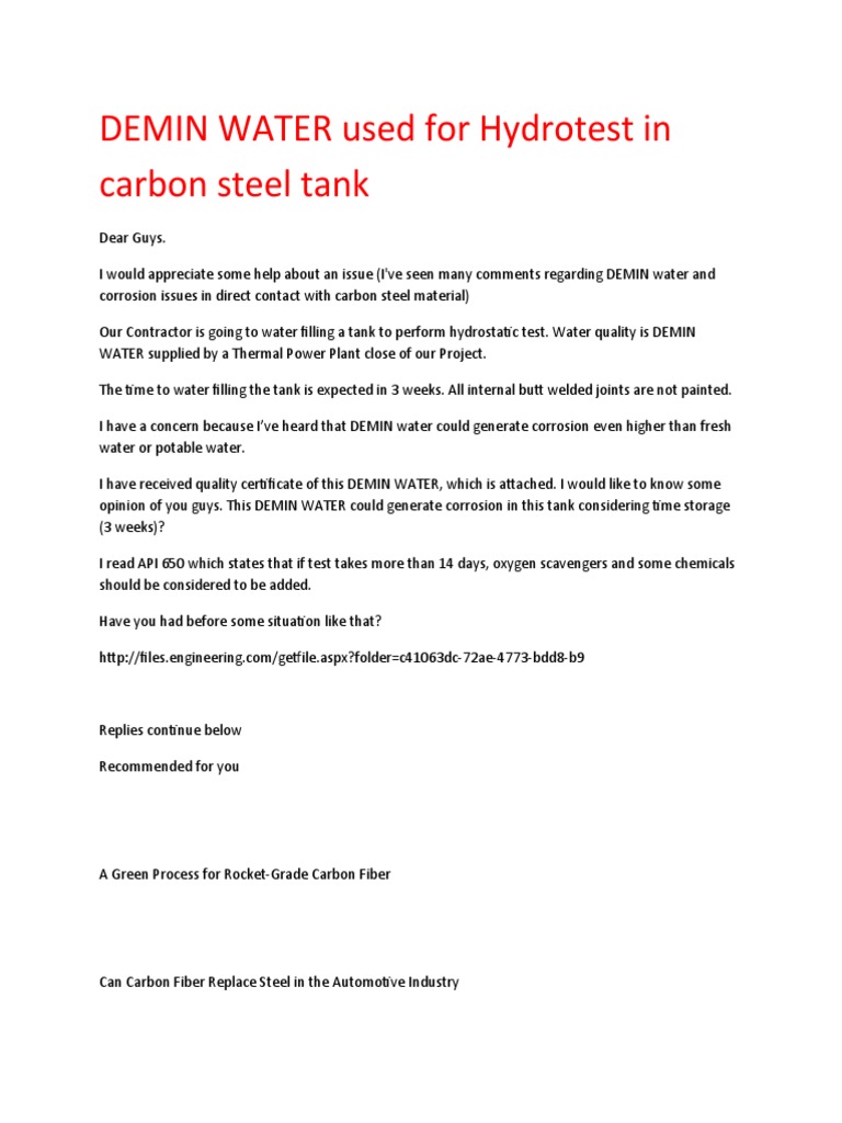 DEMIN WATER Used For Hydrotest in Carbon Steel Tank | PDF | Water ...
