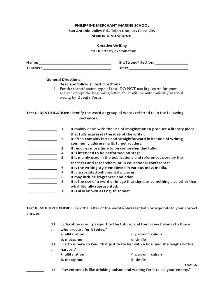 Quarterly Exam Format SHS - CW | PDF | Test (Assessment) | Poetry