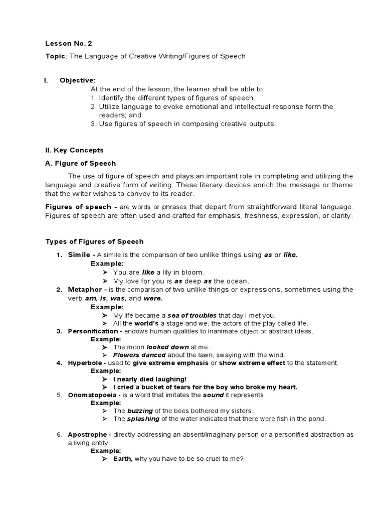 Lesson No. 2 Topic: The Language of Creative Writing/Figures of Speech ...