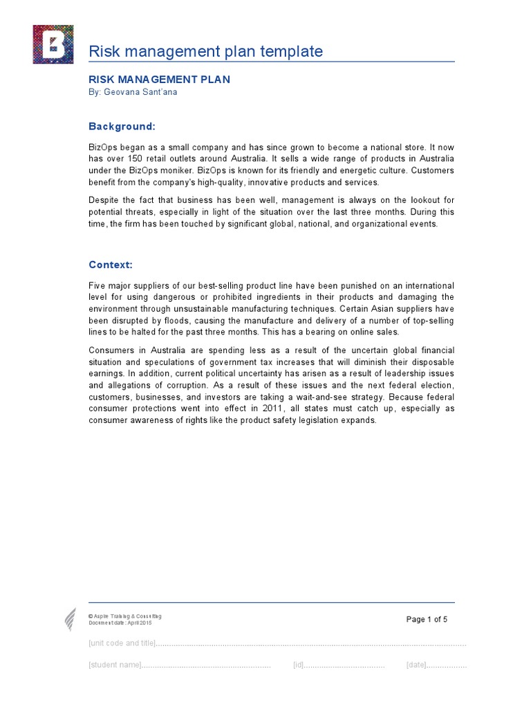 BSBRSK501 Risk-Management-Plan-Template | PDF | Risk | Risk Management