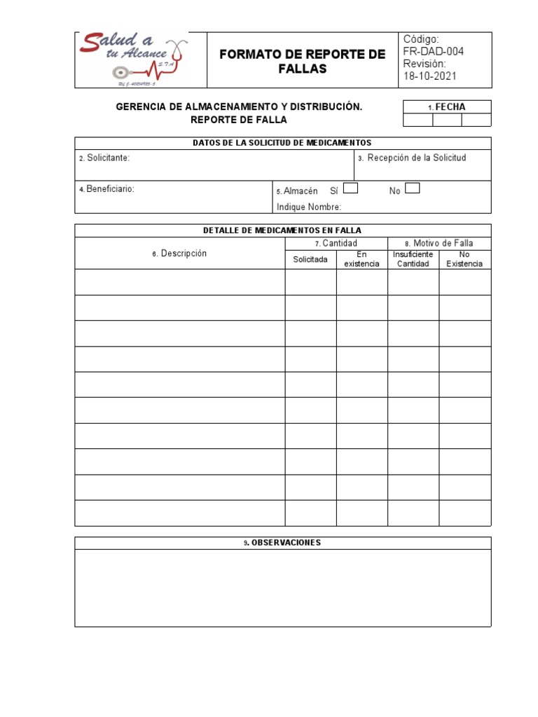 3.4 Formato Reporte de Fallas FR-DAD-004 | PDF