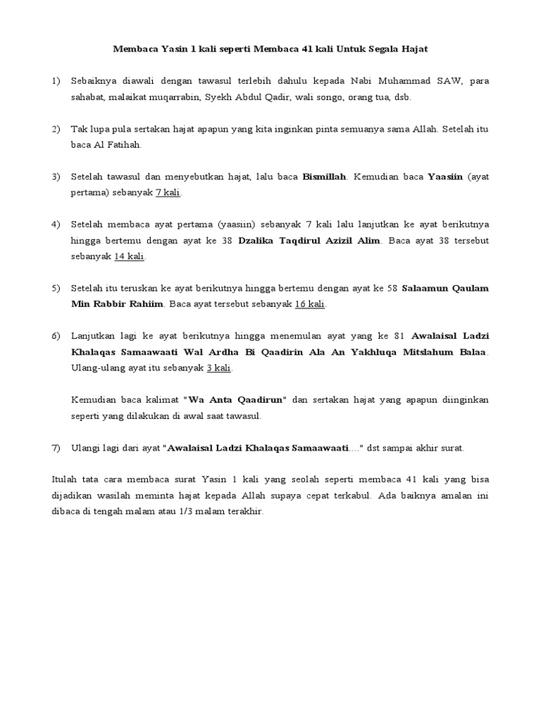 Membaca Yasin 1 Kali Sama Dengan 41 Kali Untuk Hajat | PDF