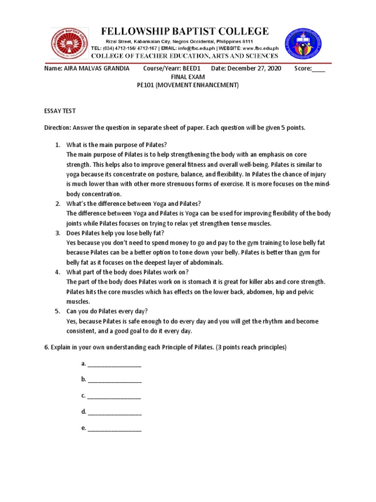 Pe101 Final Exam | PDF