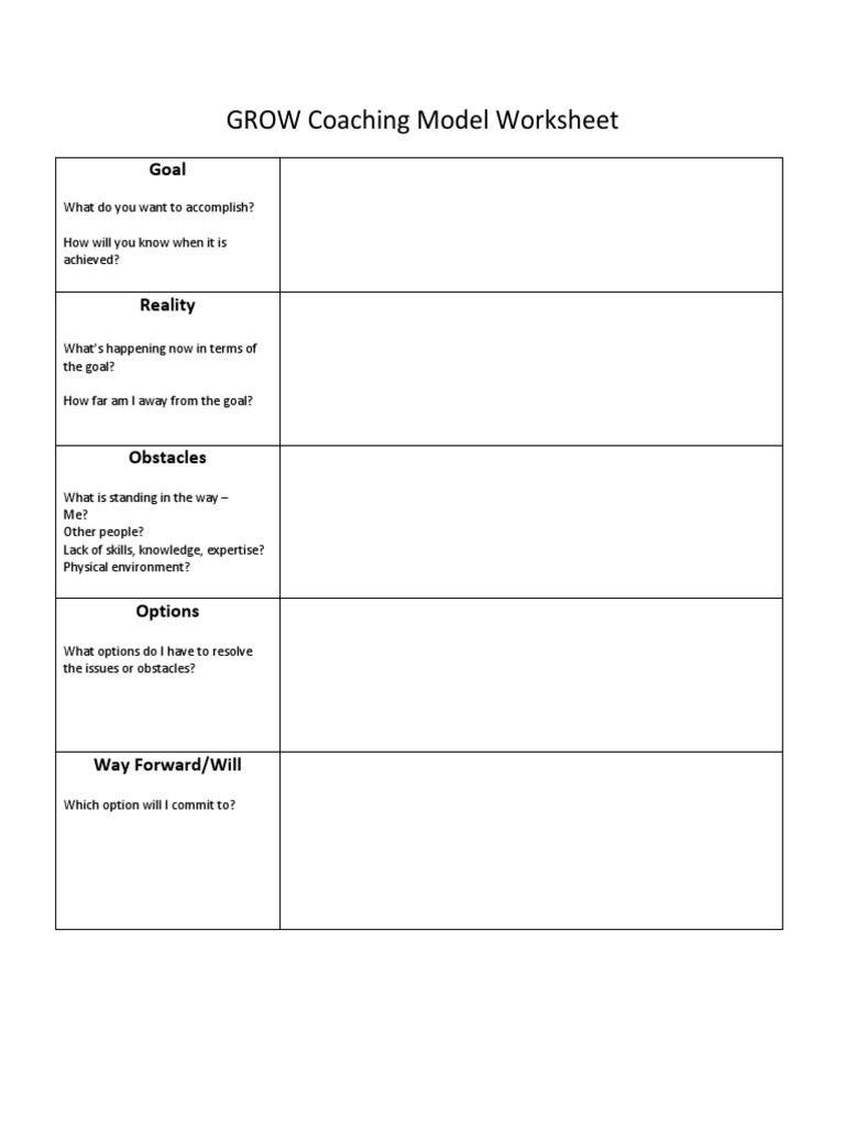 GROW Coaching Model Worksheet | PDF | Goal | Psychology