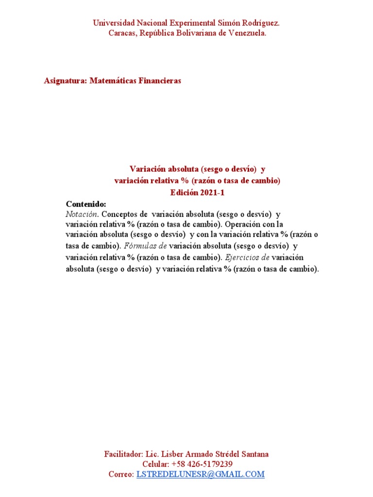 Variación Absoluta (Sesgo o Desvío) y Variación Relativa % (Razón o ...