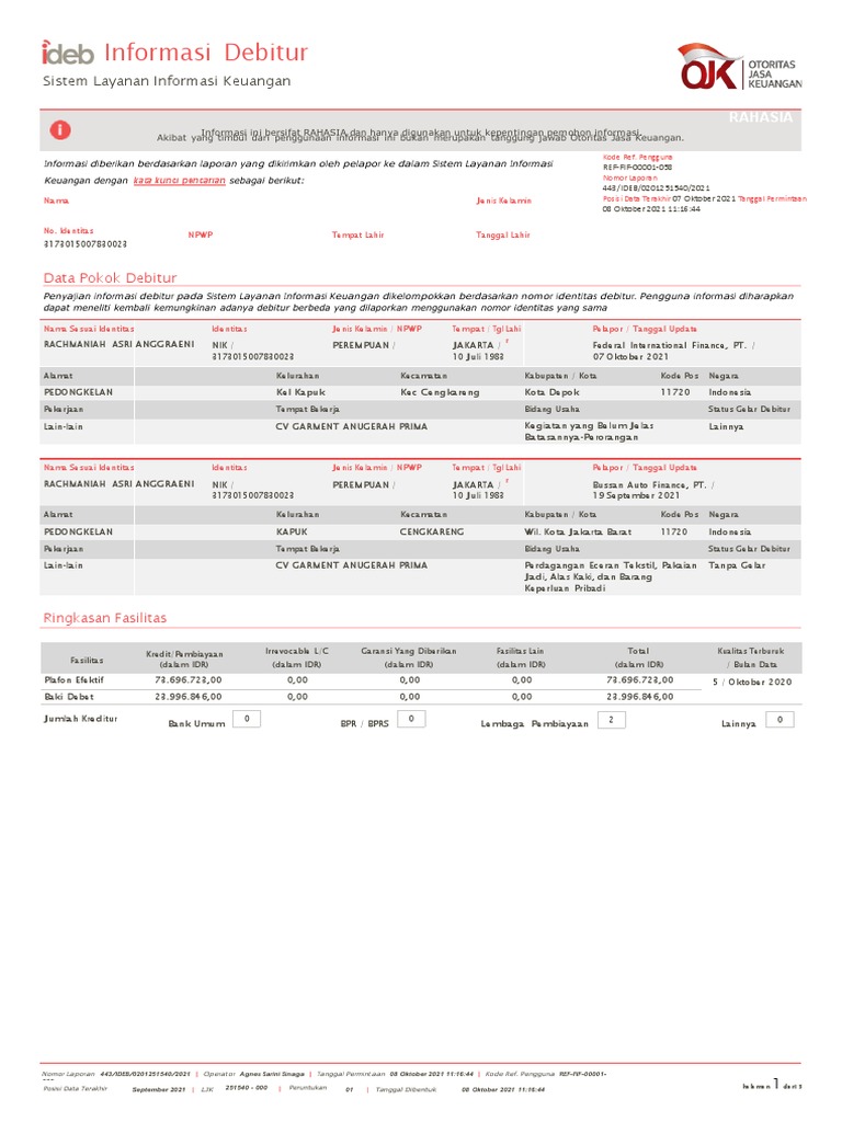 001 Ideb Slik Individu 59 Nik 3173015007830023 Rachmaniah | PDF