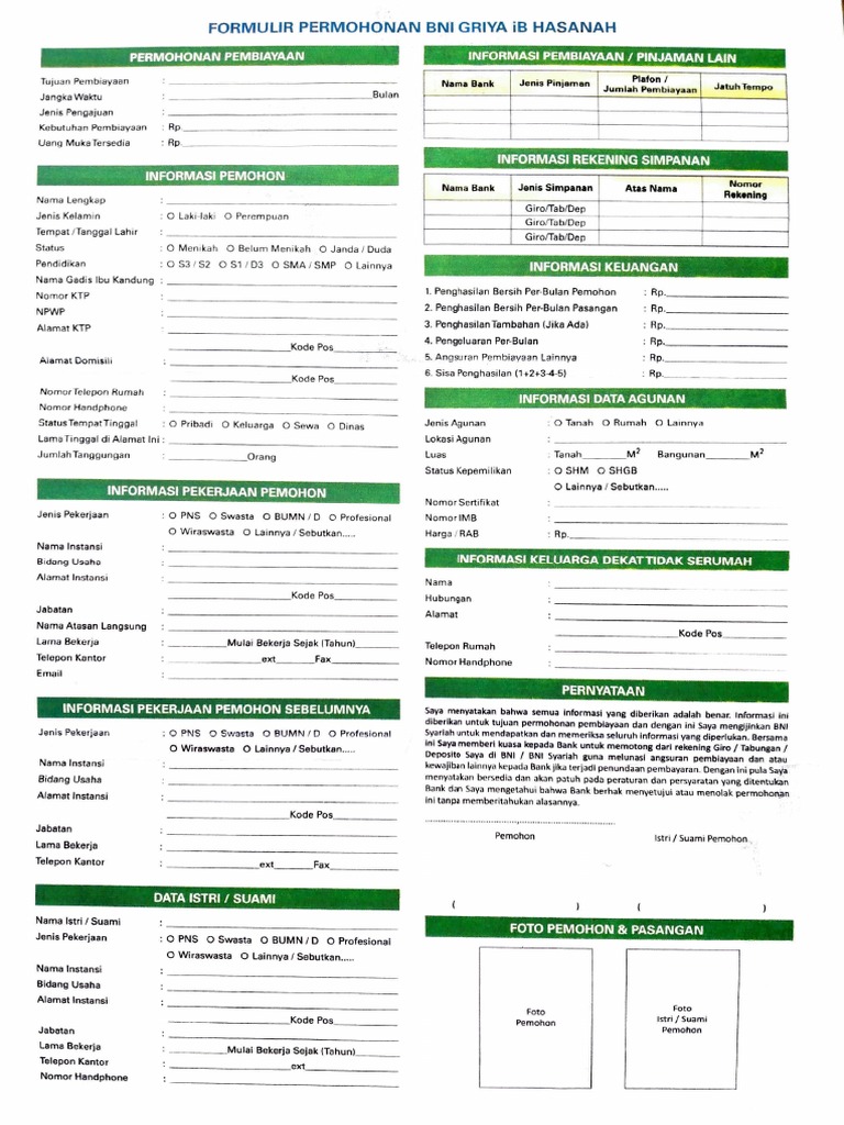 Formulir Permohonan BNI Griya Ib Hasanah | PDF