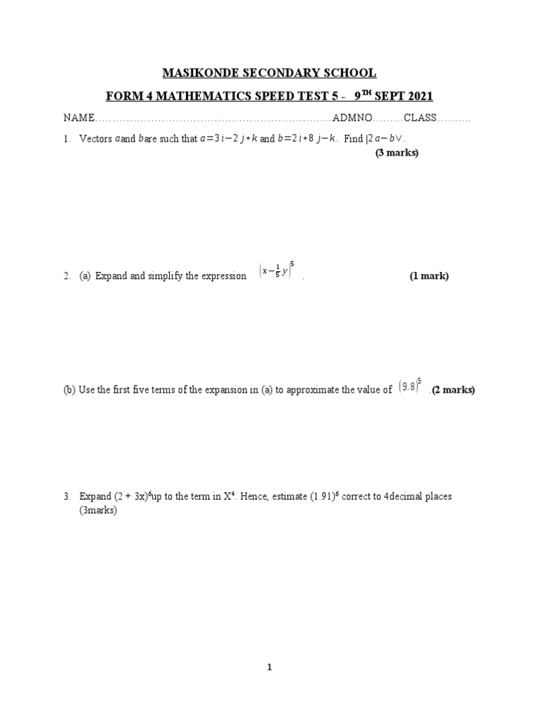 Masikonde Secondary School Form 4 Mathematics Speed Test 5 - 9 SEPT ...