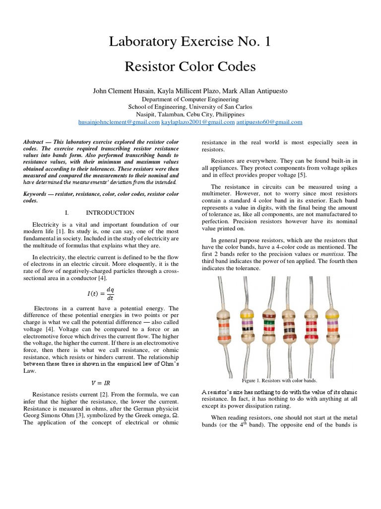 Laboratory Exercise No. 1 Resistor Color Codes: John Clement Husain ...