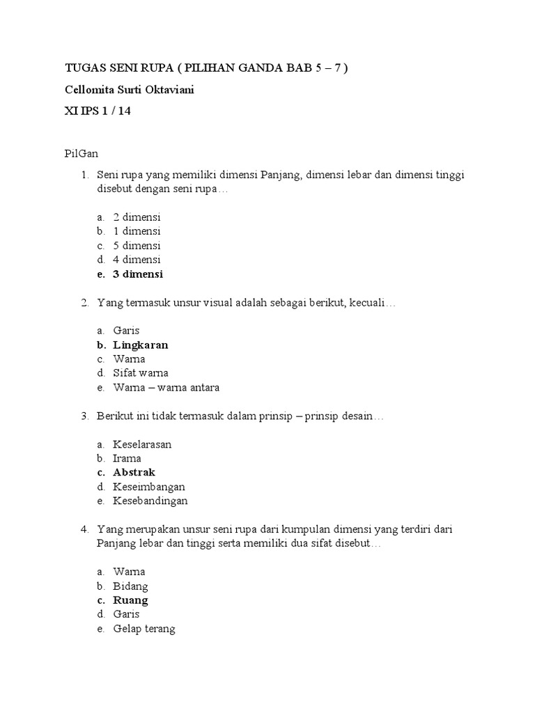 TUGAS SENI RUPA 10 Soal Pilgan Cello 14 | PDF