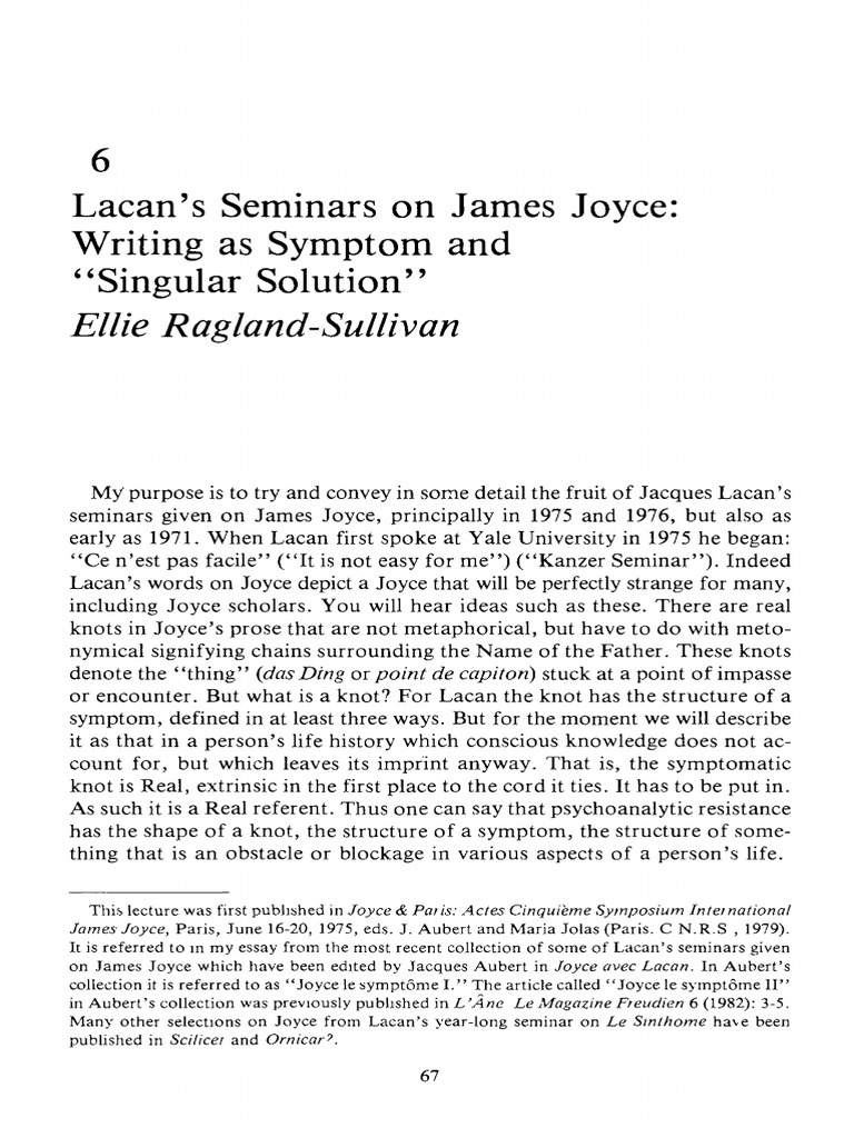 6 Lacan's Seminars On James Joyce: Writing As Symptom and "Singular ...
