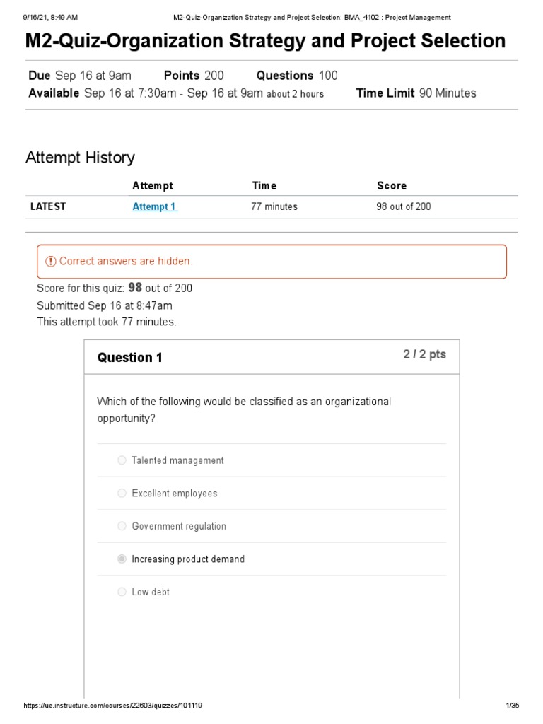 M2 Quiz Organization Strategy and Project Selection - BMA - 4102 - Project Management | PDF ...