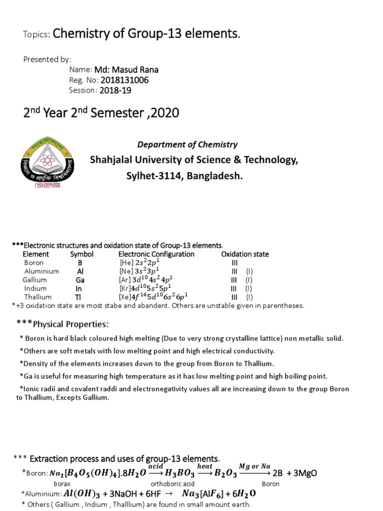 Chemistry of Group 13 Elements | PDF | Atoms | Materials