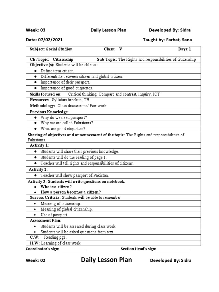 SST Week 1 | PDF | Lesson Plan | Citizenship