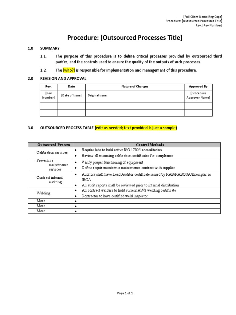 Procedure - Outsourced Processes | PDF | Audit | Business