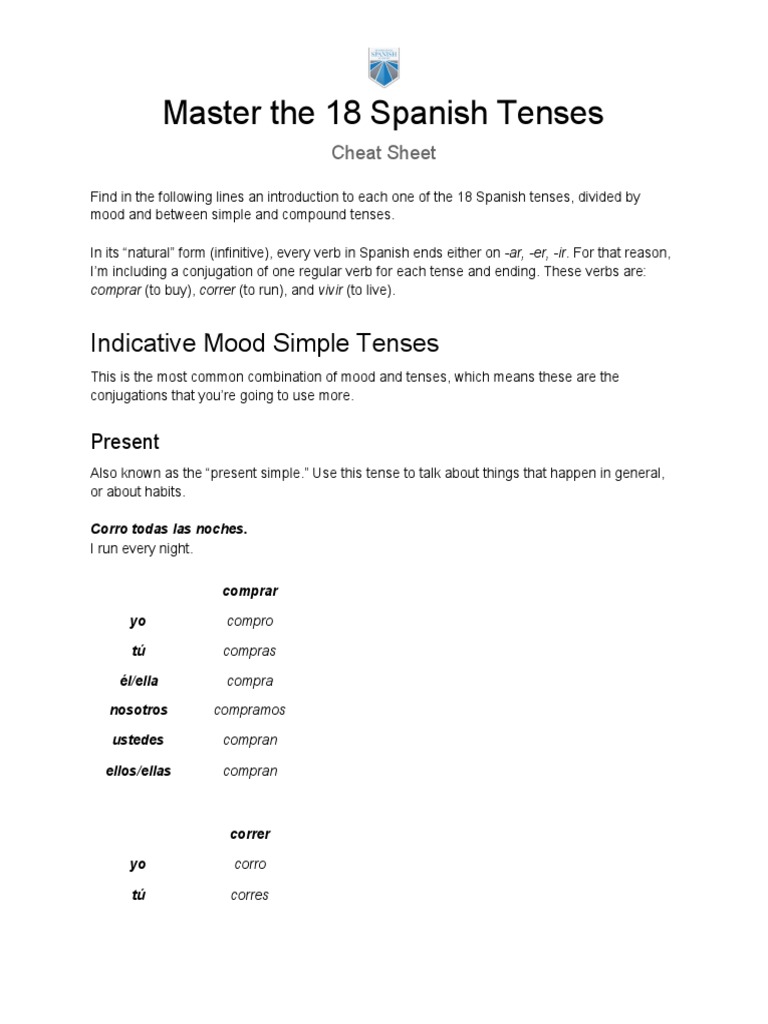 Spanish Tenses Cheat Sheet Guide | PDF | Grammatical Tense | Verb