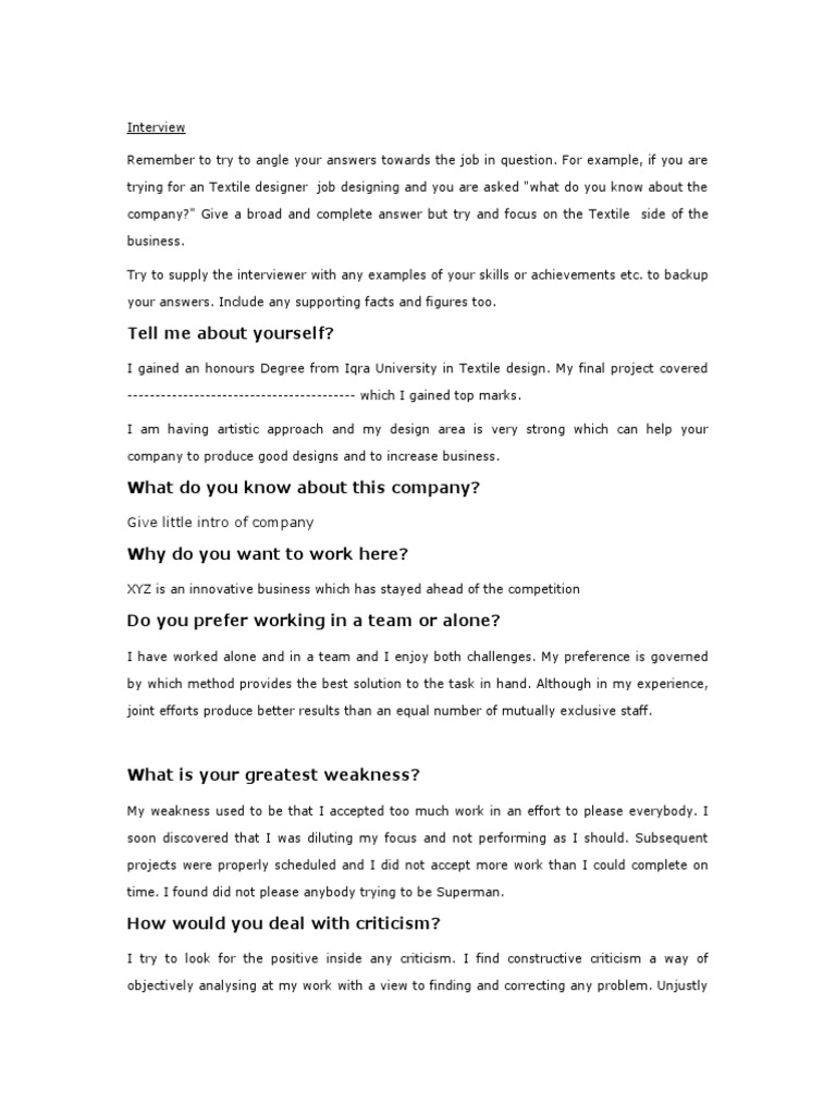 Interview Questions For Textile | PDF | Psychological Concepts | Cognition