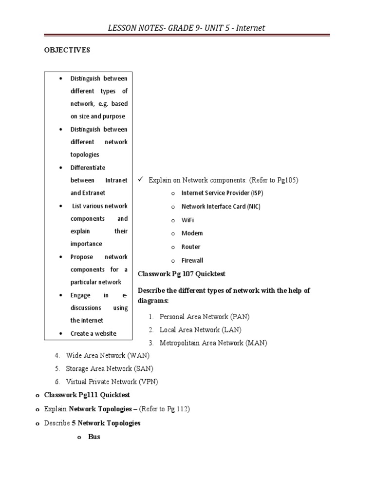 Lesson Notes-Grade 9 - Unit 5 - Internet: Objectives | PDF | Computer ...