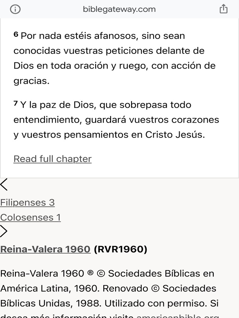 Filipenses 46-7 RVR1960 - Por Nada Estéis Afanosos, Sino Sean - Bible ...