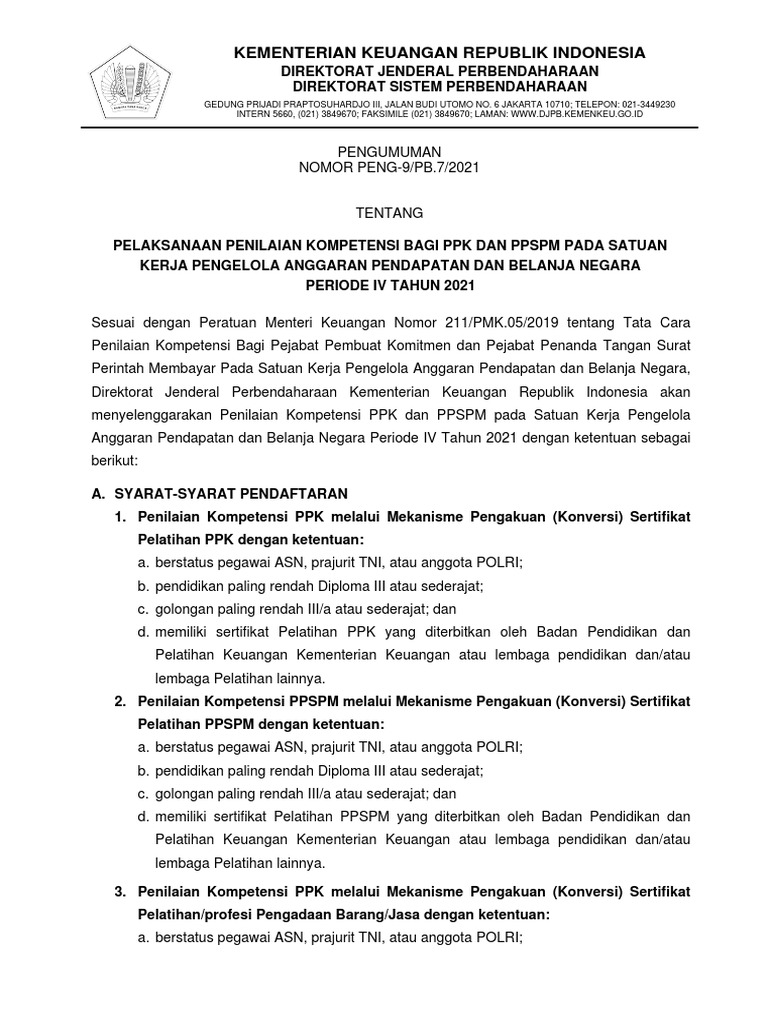 Pengumuman Penilaian Kompetensi Bagi PPK Dan PPSPM Periode IV 2021 | PDF | Pengelolaan Keuangan ...