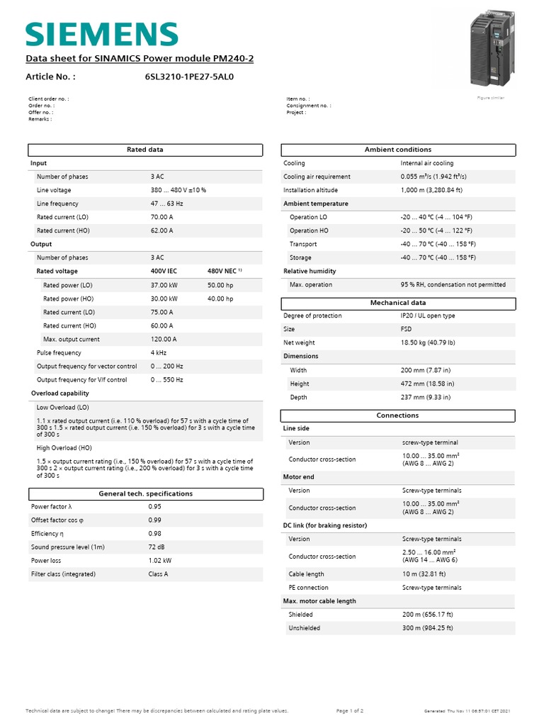 Data Sheet For SINAMICS Power Module PM240-2: Article No.: 6SL3210 ...