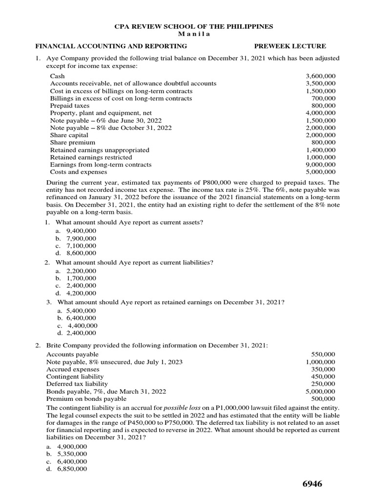 6946 - FAR Problem Preweek Lecture | PDF | Retained Earnings | Deferred Tax