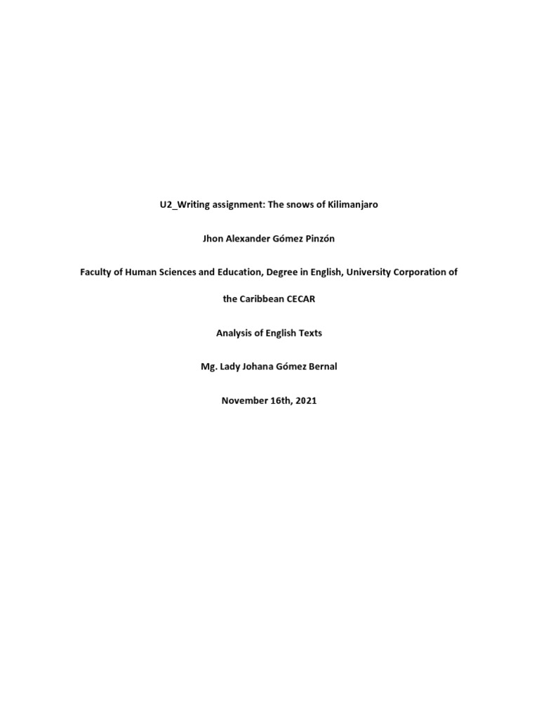 U2 - Writing Assigment - The Snows of Kilimanjaro | PDF