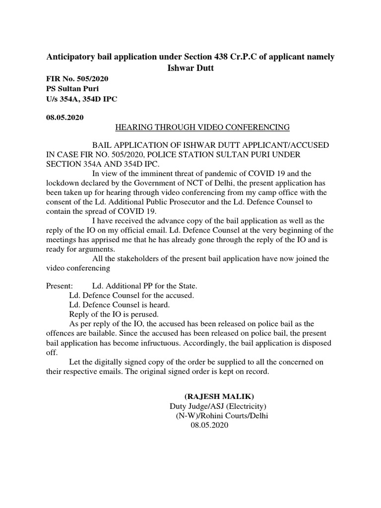 Anticipatory Bail Application Under Section 438 CR.P.C of Applicant Namely Ishwar Dutt | PDF ...