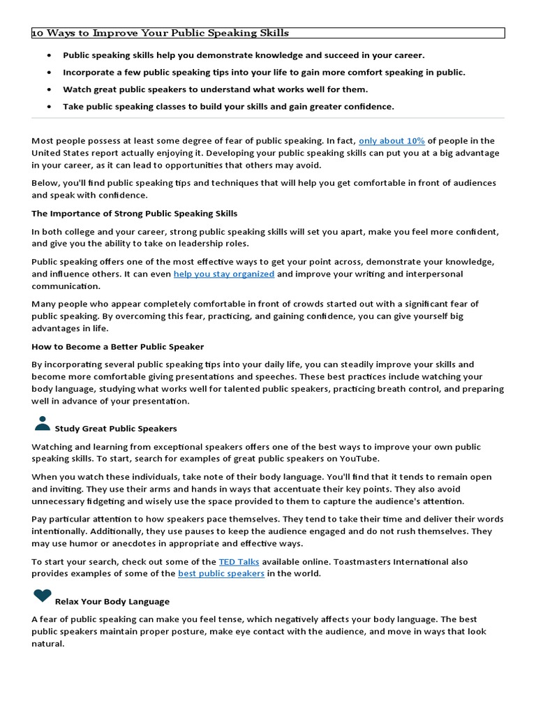 10 Ways To Improve Your Public Speaking Skills | PDF | Public Speaking ...