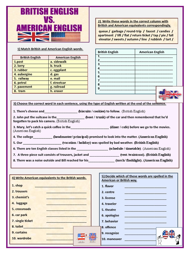 British Vs American English Oneonone Activities Pronunciation Exercises ...