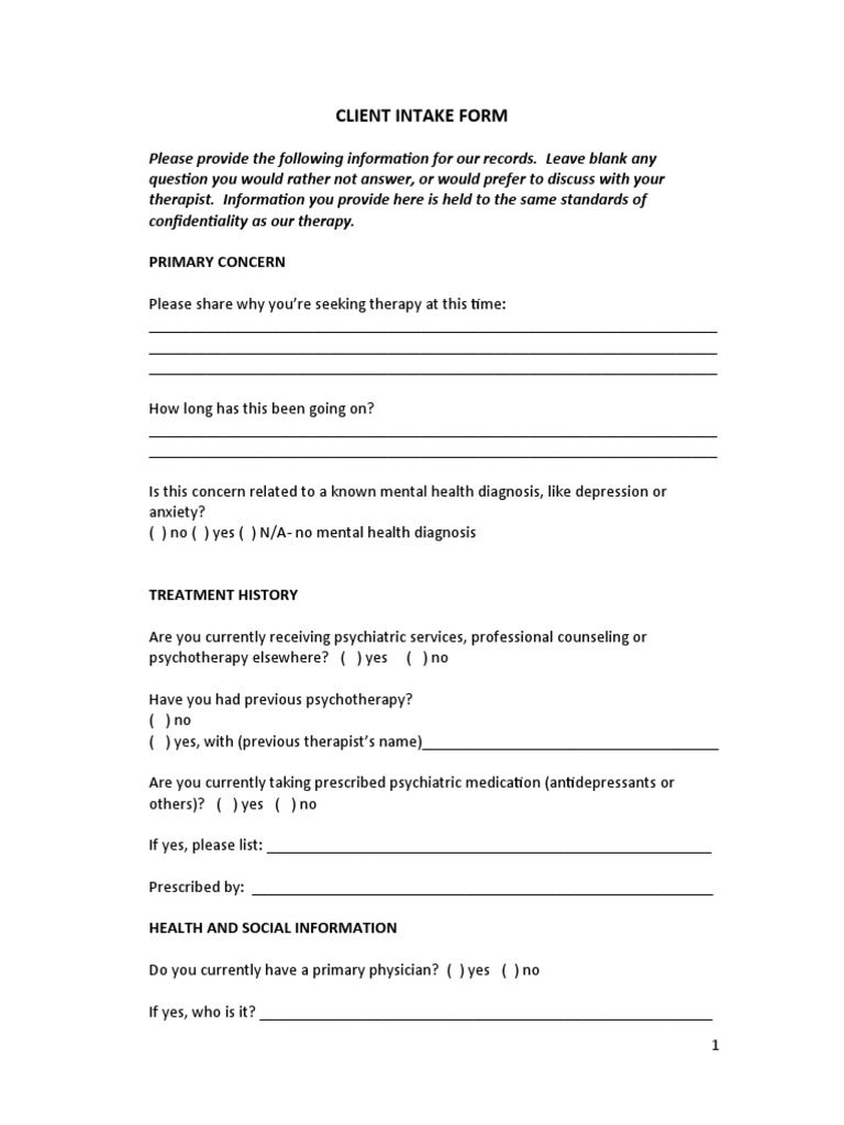 5fbc3d17b05830538ec239c7 - Adult Intake Form | PDF | Psychotherapy ...