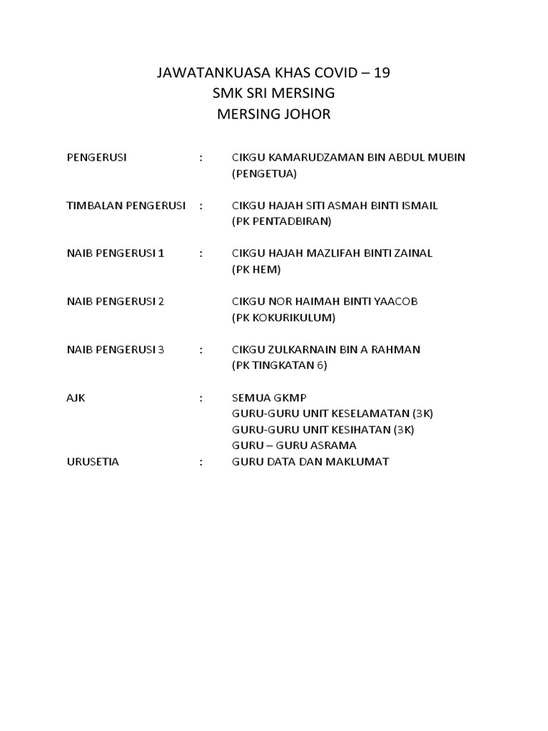 Jawatankuasa Khas Covid 19 SMKSM | PDF