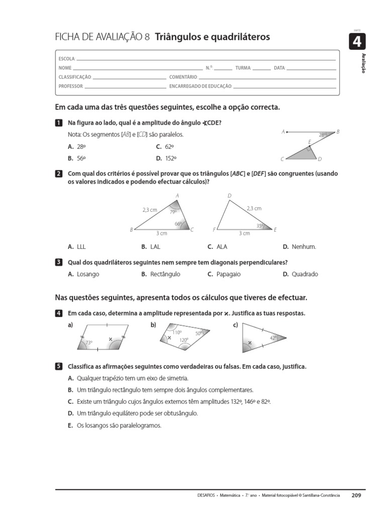 Ficha De Avaliacao 8 Triangulos E Quadrilateros Pdf Triângulo
