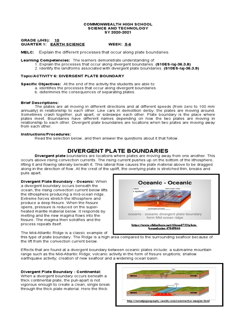 Q1-Week 6-Divergent & Transform Plate Boundaries | PDF | Plate ...