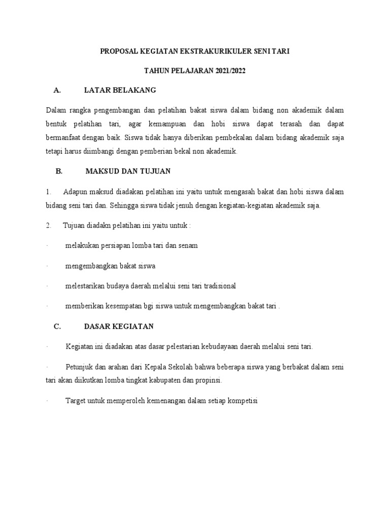 Proposal Kegiatan Ekstrakurikuler Saeni Tari | PDF | Karier & Perkembangan
