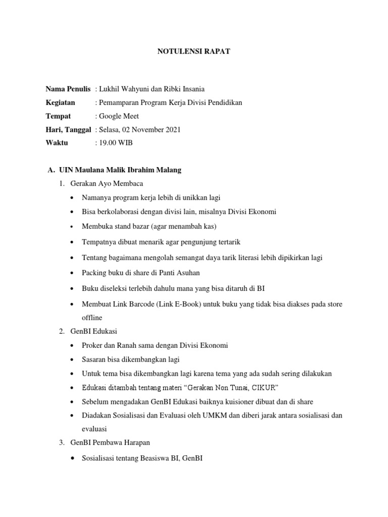 Notulensi Rapat Divisi Pendidikan (02 Nov 2021) | PDF