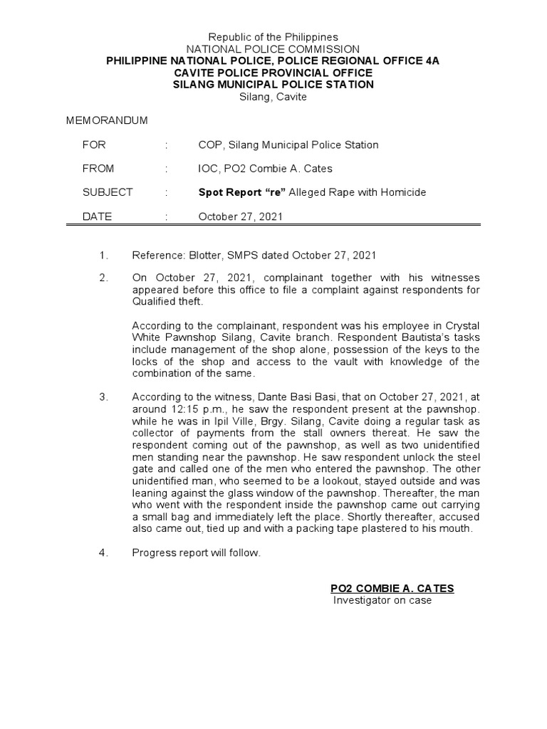 Spot Report Regarding Alleged Qualified Theft at Crystal White Pawnshop ...