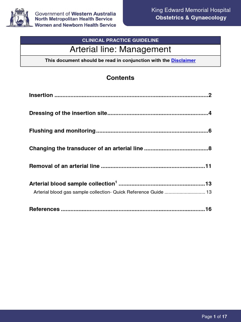 Arterial Line: Management: This Document Should Be Read in Conjunction ...