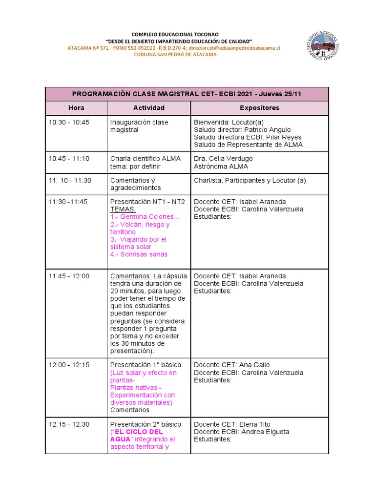 Programación Clase Magistral Cet - Ecbi 2021 | PDF | Ciencia planetaria
