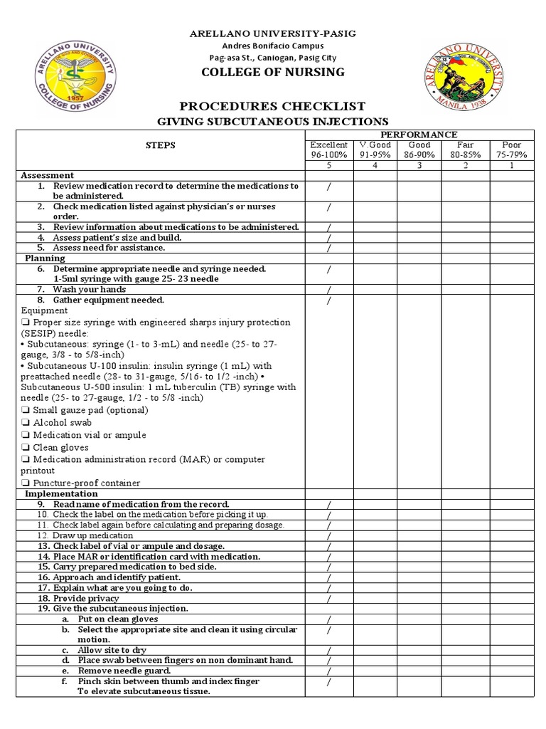 College of Nursing Procedures Checklist: Giving Subcutaneous Injections ...
