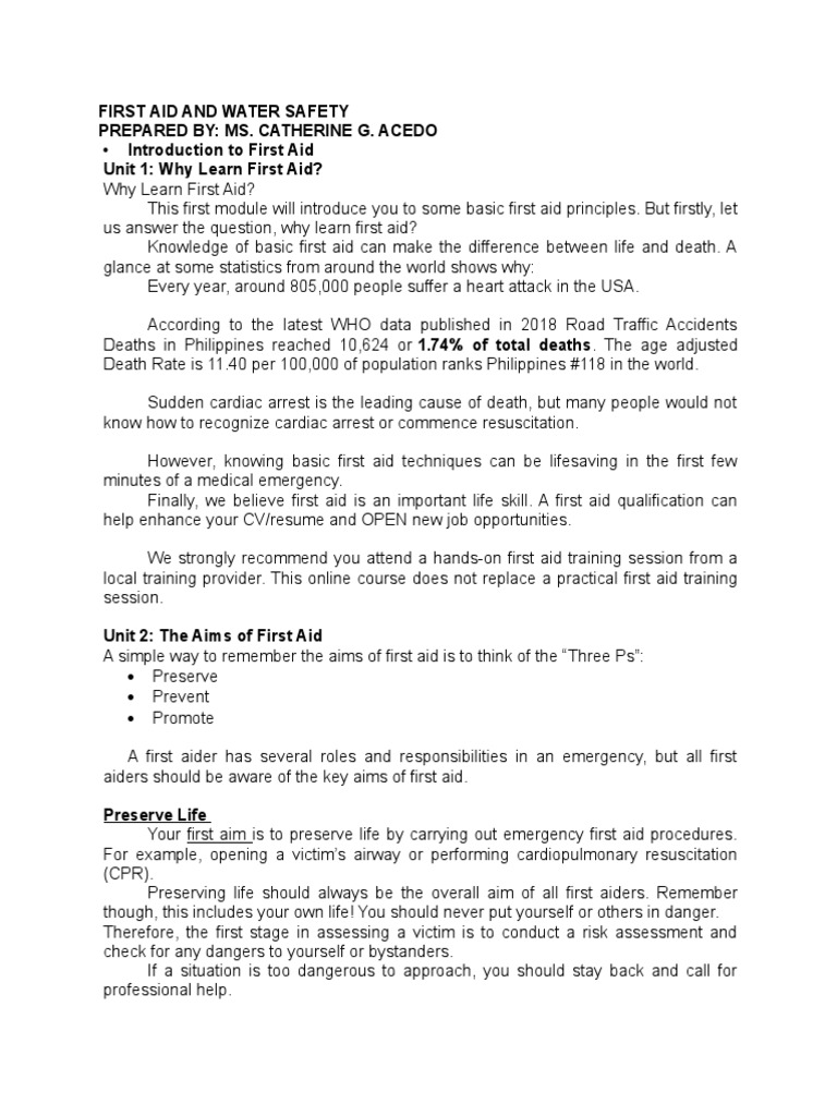 FIRST AID AND WATER SAFETY 3 Handout | PDF | Cardiopulmonary ...