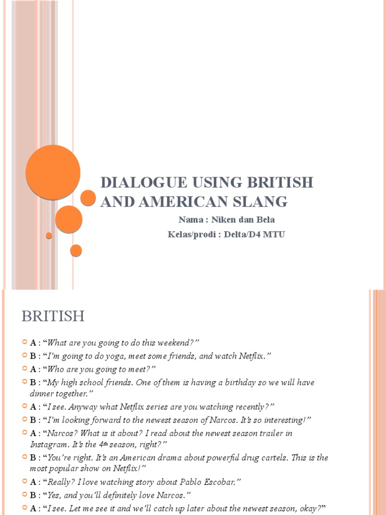 Dialogue Using British and American Slang: Nama: Niken Dan Bela Kelas ...