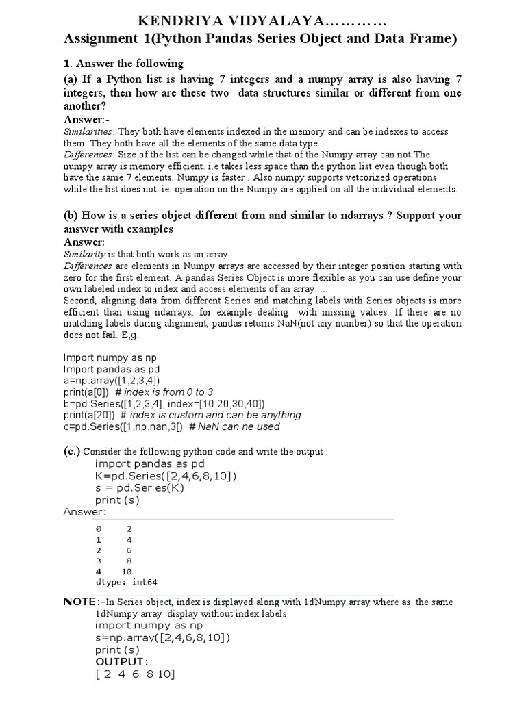 Assignment 1 Python Pandas Series Object And Data Frame 1 Answer The Following Pdf Array