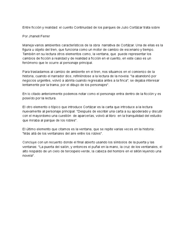 Análisis Del Cuento Continuidad de Los Parques de Julio Cortázar | PDF