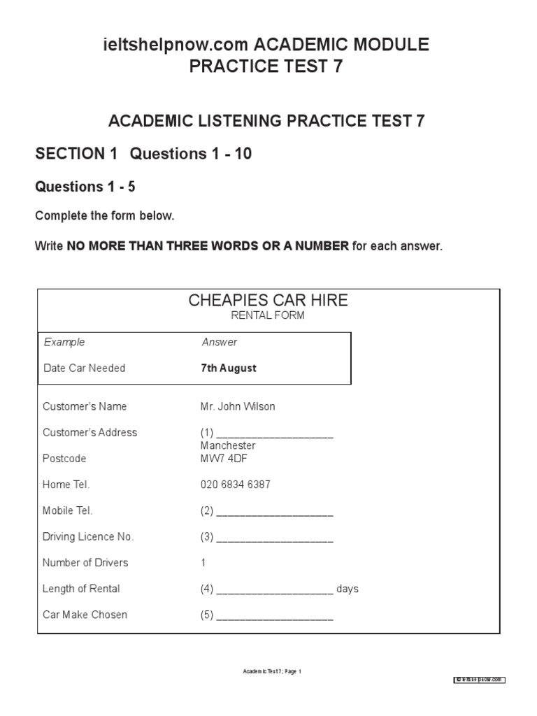 Academic Listening Practice Test 7 SECTION 1 Questions 1 - 10 | PDF ...